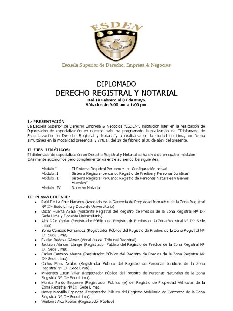 Diplomado en Derecho Registral y Notarial - ESDEN | PDF | Prueba (evaluación) | Lima