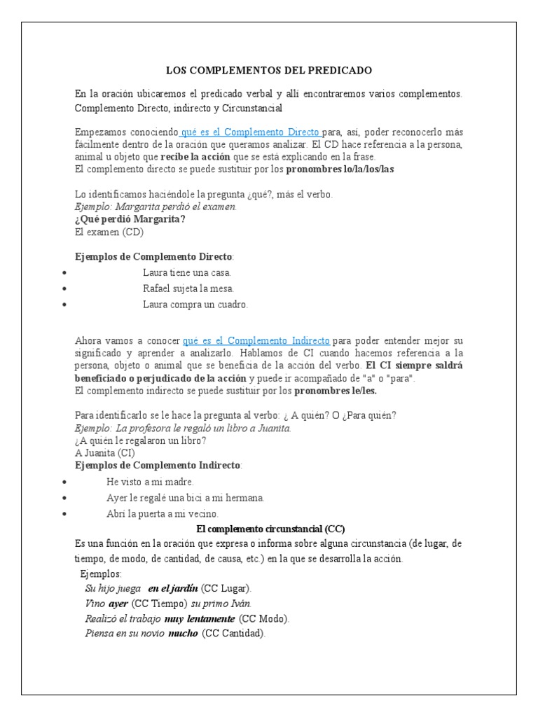 Los Complementos Del Predicado Tema y Taller de Repaso | PDF | Objeto ...