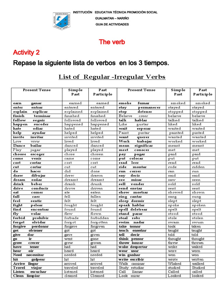 The Verb Activity 2: Repase La Siguiente Lista de Verbos en Los 3 ...