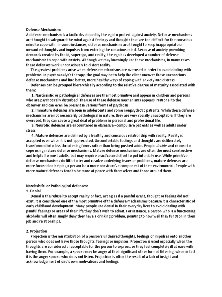 Defense Mechanisms Outline | PDF | Id | Clinical Psychology