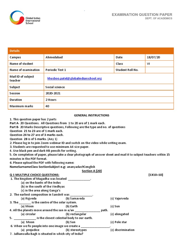 Grade6 SST PeriodicTest1 Question Paper - 7174 PDF | PDF | Latitude ...
