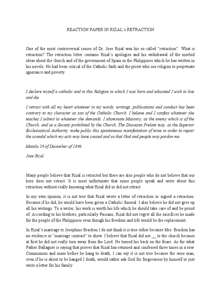 Reaction Paper in Rizal | PDF | Catholic Church | Christian ...