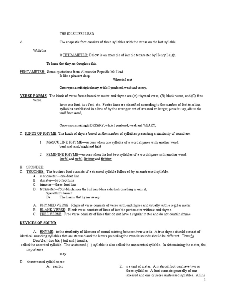 VERSE FORMS: The Kinds of Verse Forms Based On Meter and Rhyme Are (A ...