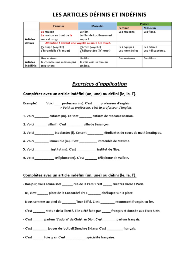 Les Articles Dfinis Et Indefinis Exs Corrigs PDF | PDF