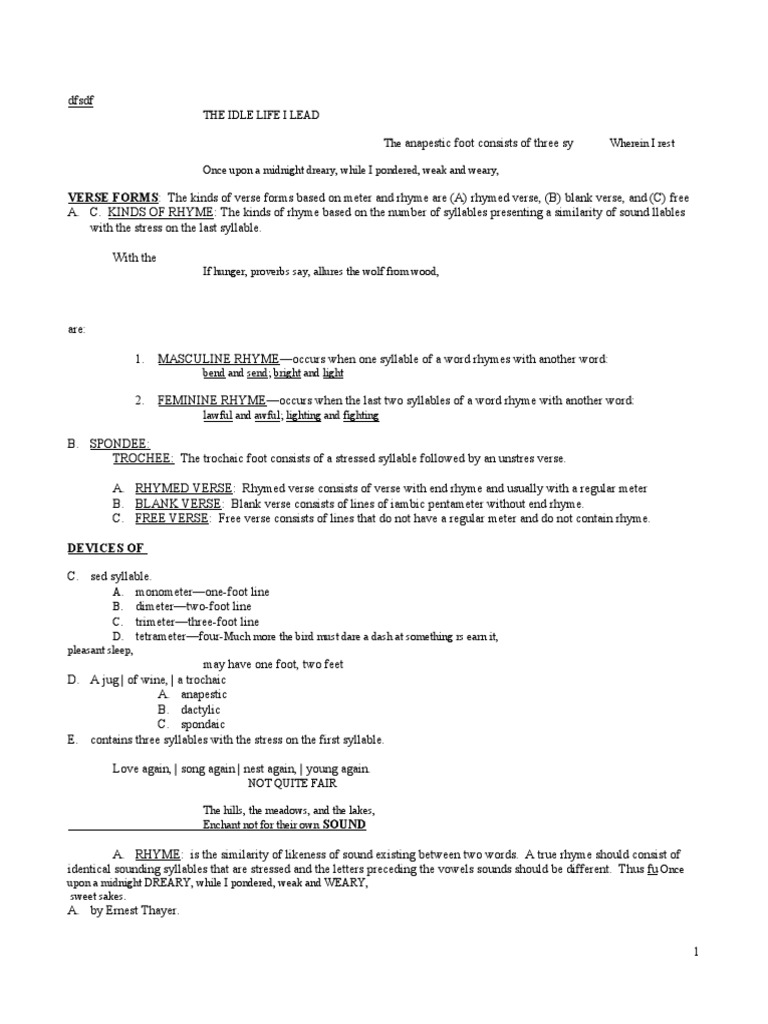 VERSE FORMS: The Kinds of Verse Forms Based On Meter and Rhyme Are (A ...