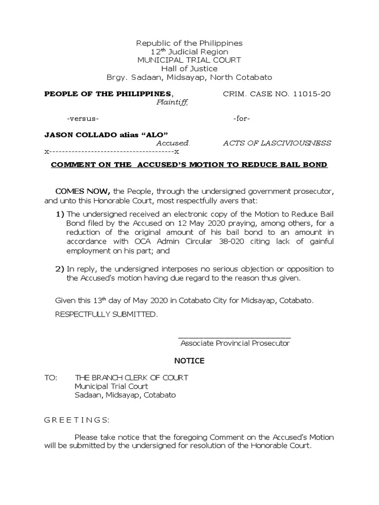 Comment On Motion To Reduce Bail-Pp V Collado | PDF