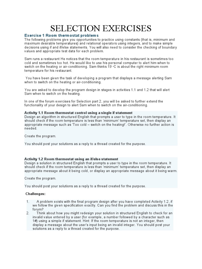 Selection Exercises: Exercise 1 Room Thermostat Problems | PDF ...