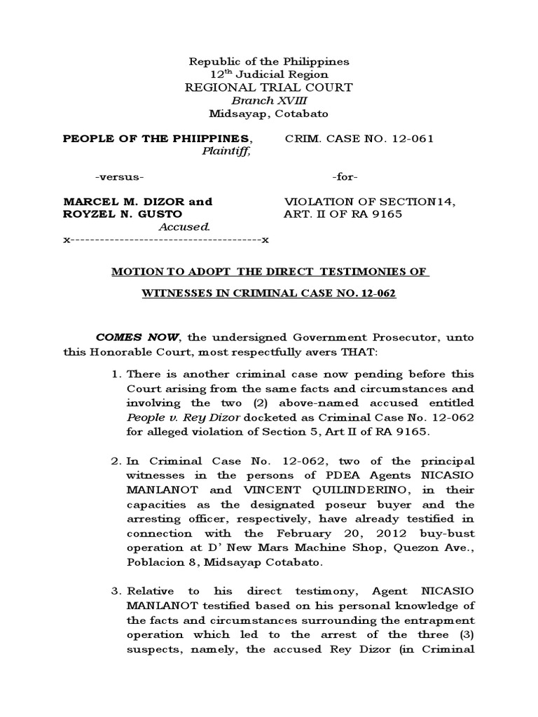 Sample Motion To Adopt DIrect Testimonies of Witnesses | PDF | Witness ...