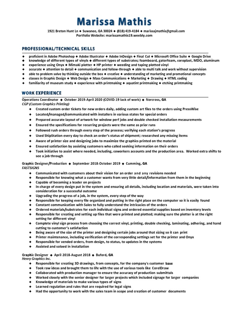 Marissa Mathis Resume 2020 Ga Fall | PDF | Printer (Computing) | Graphic Design