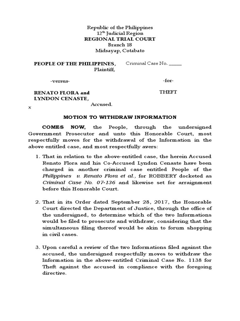Sample Motion To Withdraw Information | PDF | Prosecutor | Government ...