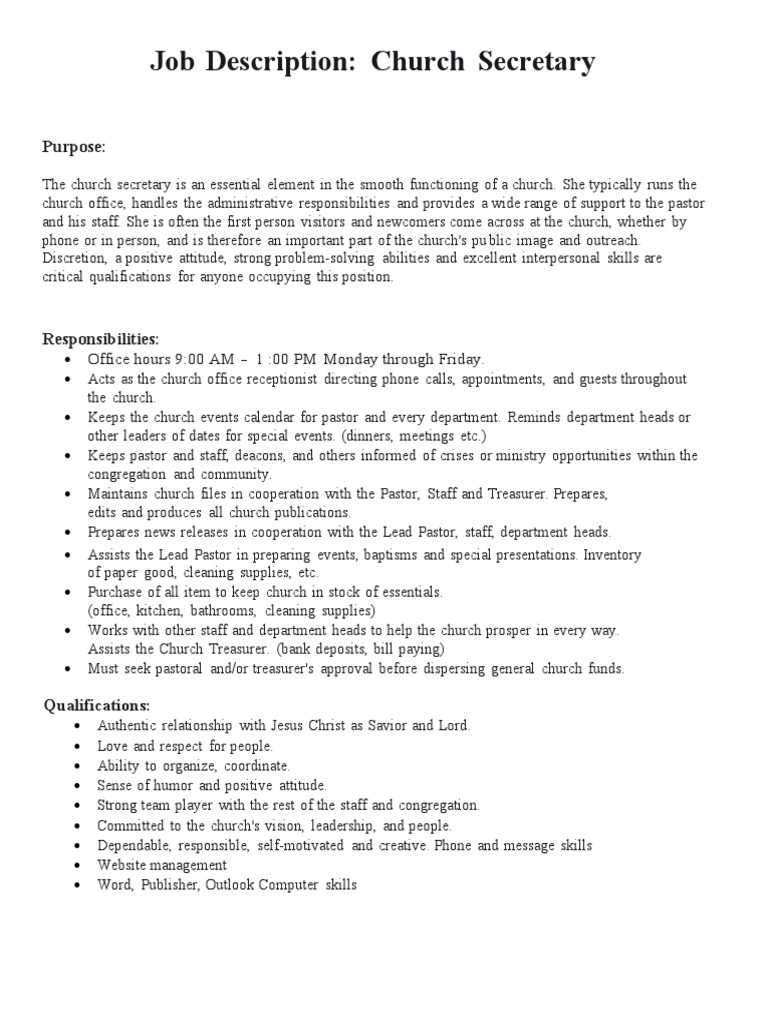 Job Description Church Secretary | PDF | Pastor | Secretary