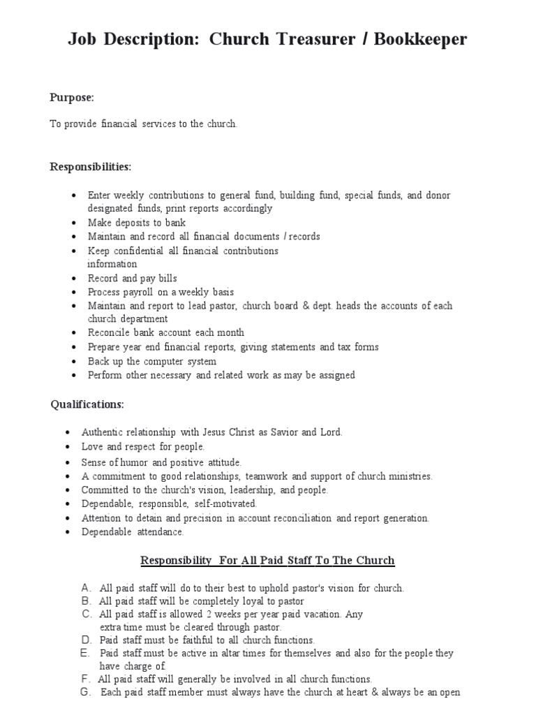 Job Description Church Treasurer Bookkeeper | PDF | Pastor | Christian ...