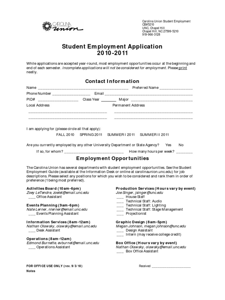 Employment Application | PDF | University Of North Carolina At Chapel Hill