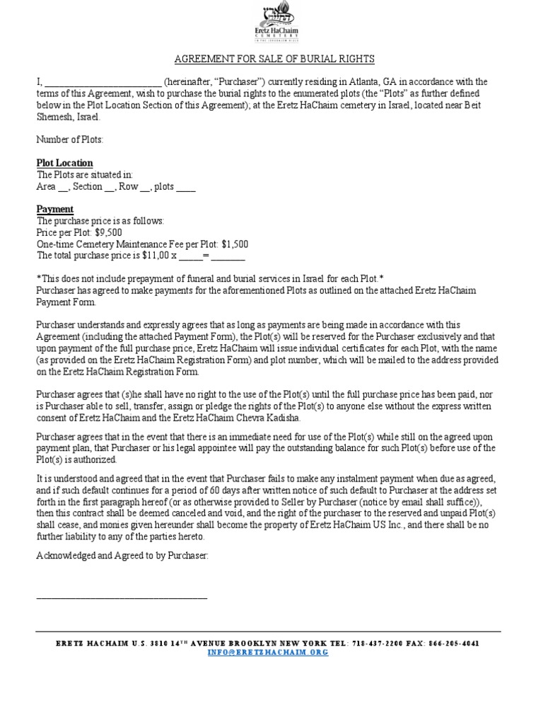 Agreement For Sale of Burial & Payment Options PDF | PDF | Credit Card ...