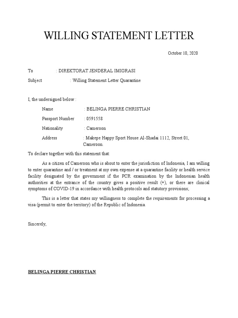 Willing Statement Letter | PDF | Government And Personhood ...