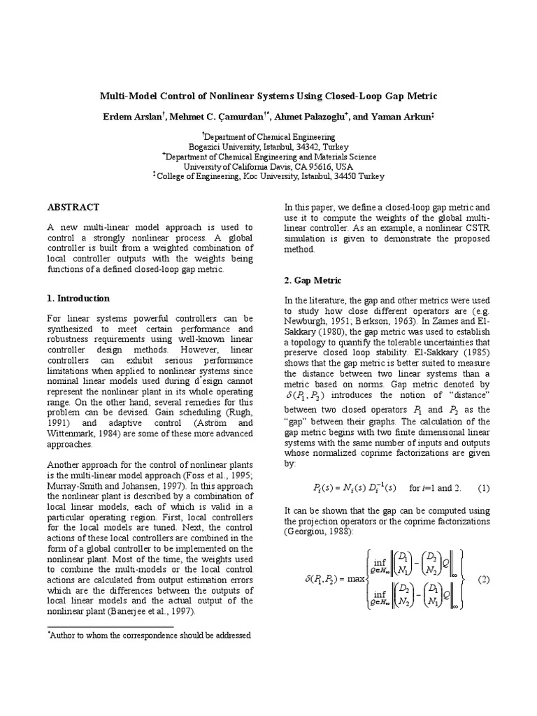 Multi-Model Control of Nonlinear Systems Using Closed-Loop Gap Metric | PDF | Control Theory ...
