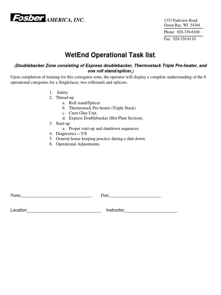Doublefacer Zone Operational Task List | PDF | Manufactured Goods ...