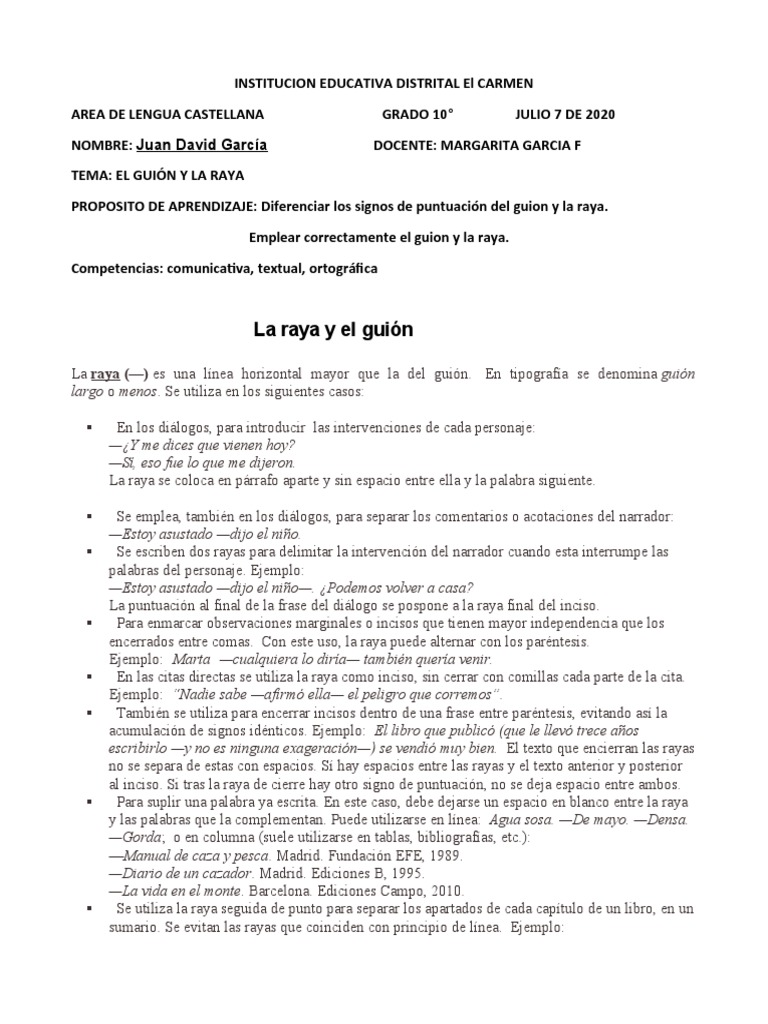 Guía Uso Del Guión y La Raya 10° | PDF | Puntuación | Mecánica del lenguaje