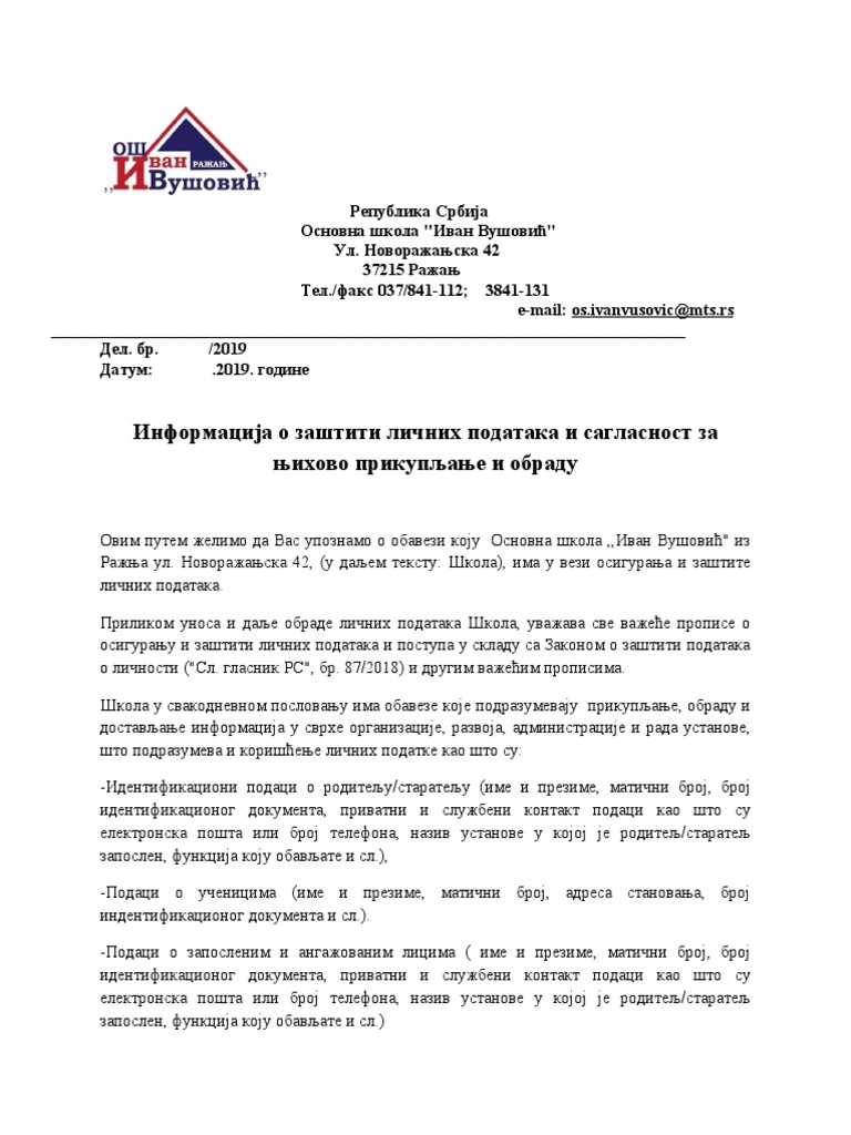 Informacija o Zastiti Licnih Podataka I Saglasnost Za Njihovo ...