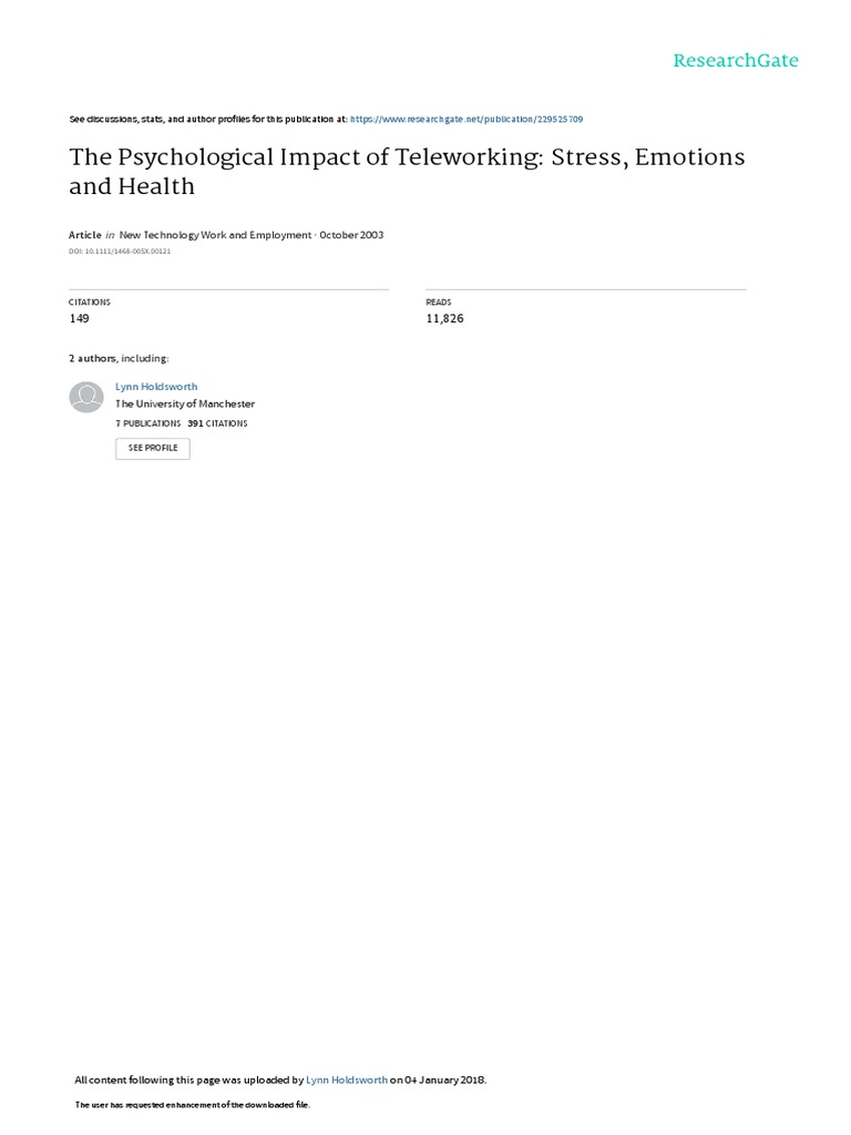 The Psychological Impact of Teleworking: Stress, Emotions and Health ...
