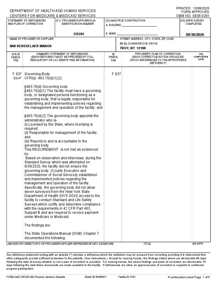 Van Rensselaer Manor Statement of Deficiency | PDF | Nursing Home Care ...