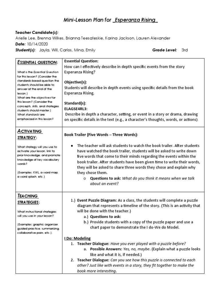 Mini-Lesson Plan For - Esperanza Rising - : Essential Question ...