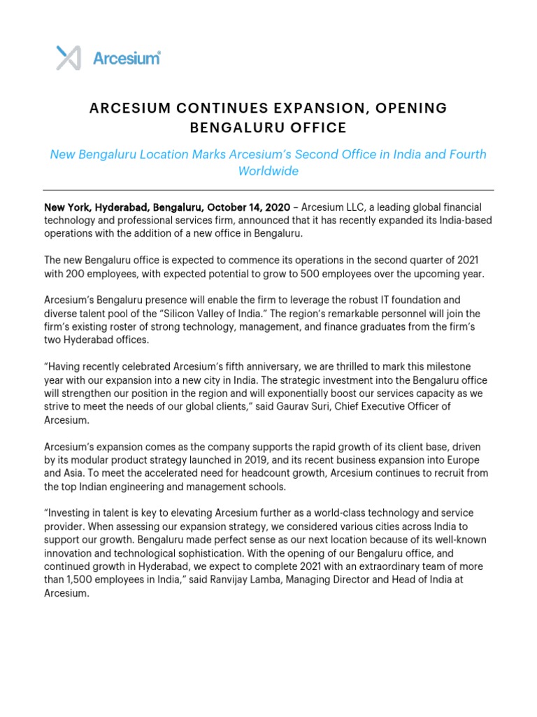 Arcesium Continues Expansion, Opening Bengaluru Office | PDF ...
