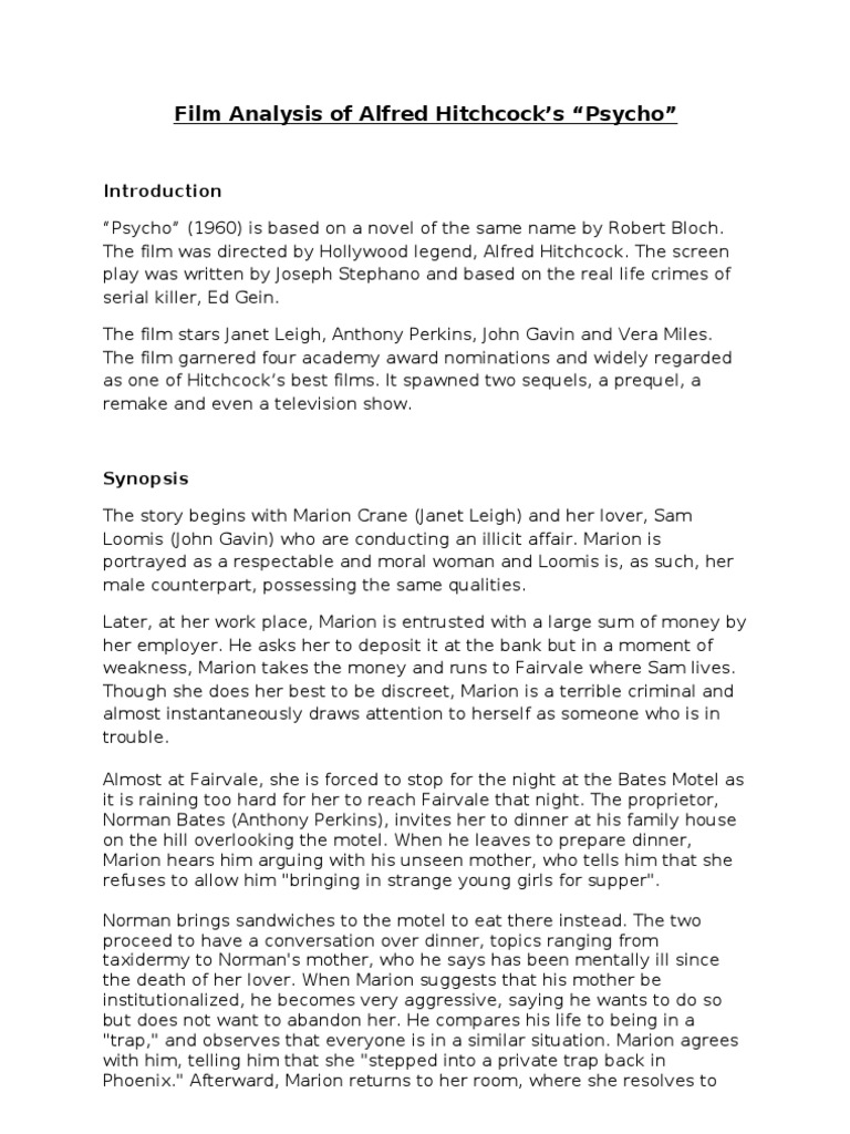 Film Analysis of Psycho | Id | Psychology