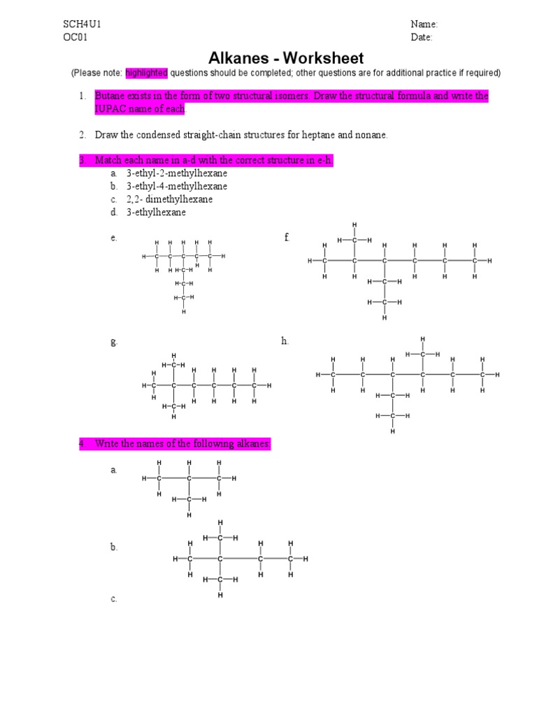 Alkanes - Worksheet | PDF