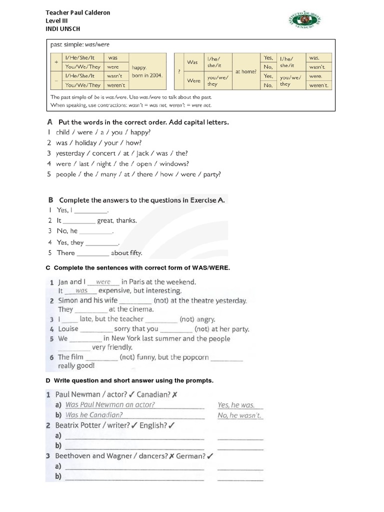 C Complete The Sentences With Correct Form of WAS/WERE | PDF