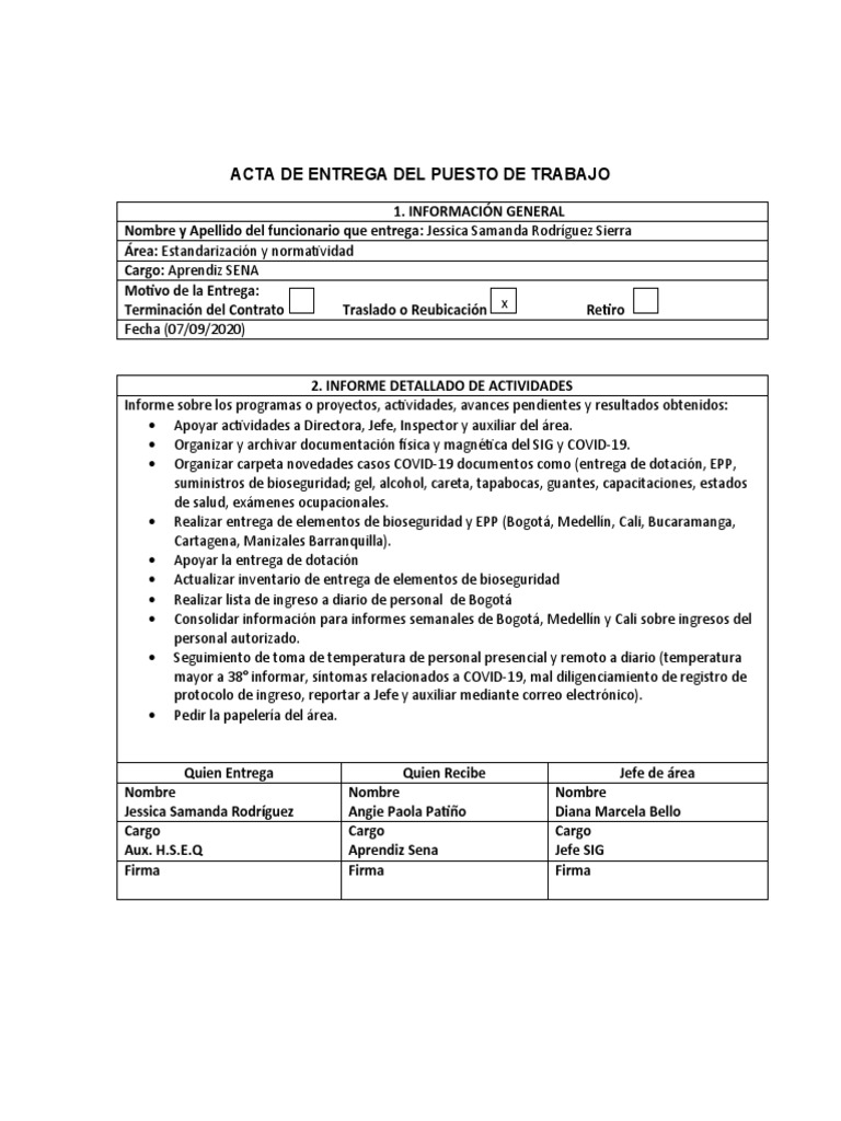 Acta De Entrega De Puesto De Trabajo Pdf