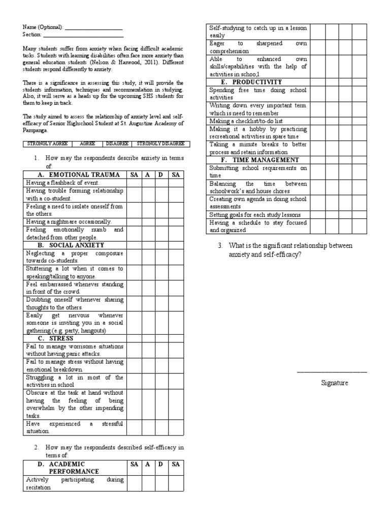 Survey Questionnaire (Self Efficacy and Test Anxiety) | PDF | Self ...