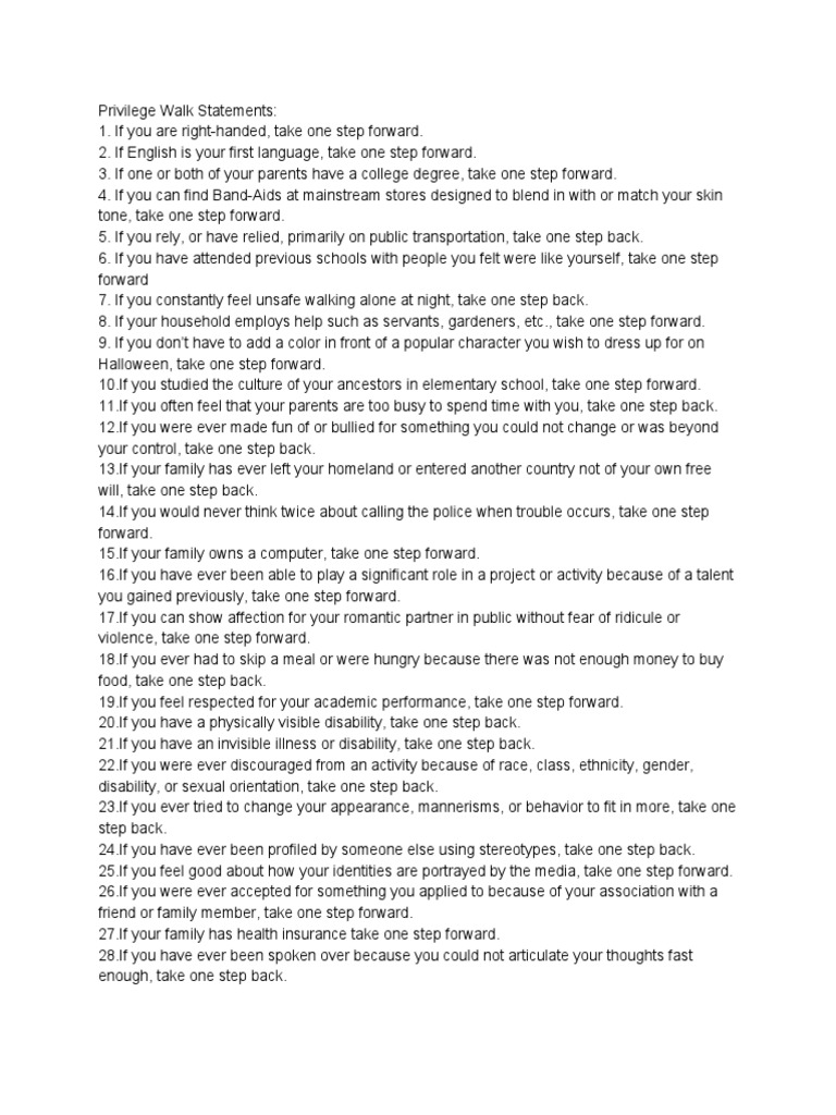 Privilege Walk | Download Free PDF | Disability | Interpersonal ...