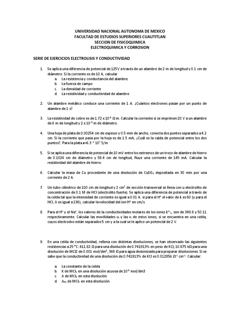 Serie 1 Electroquimica | PDF | Electroquímica | Resistividad Eléctrica ...