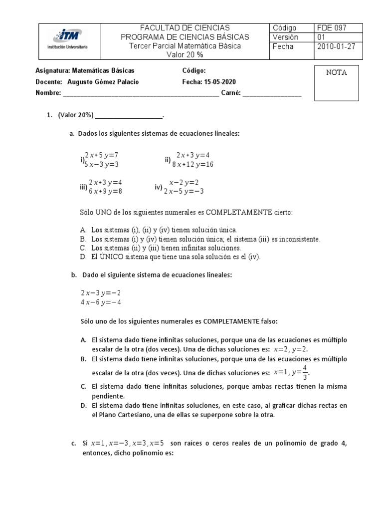 Tercer Parcial de Matemáticas Básicas 2-2020 | PDF | Sistema de ecuaciones lineales | Ecuaciones