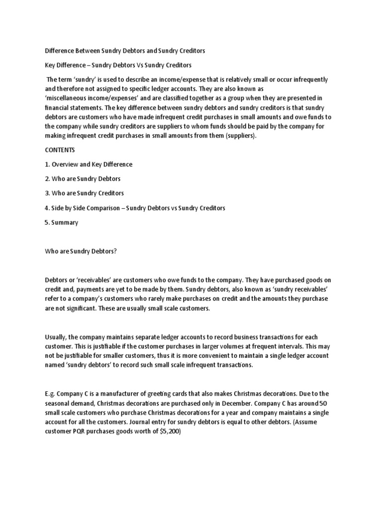 Sundry Debtors vs. Sundry Creditors Explained | PDF | Ledger | Credit