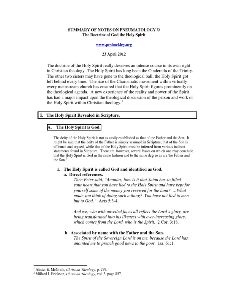Summary of Notes On Pneumatology © The Doctrine of God The Holy Spirit ...