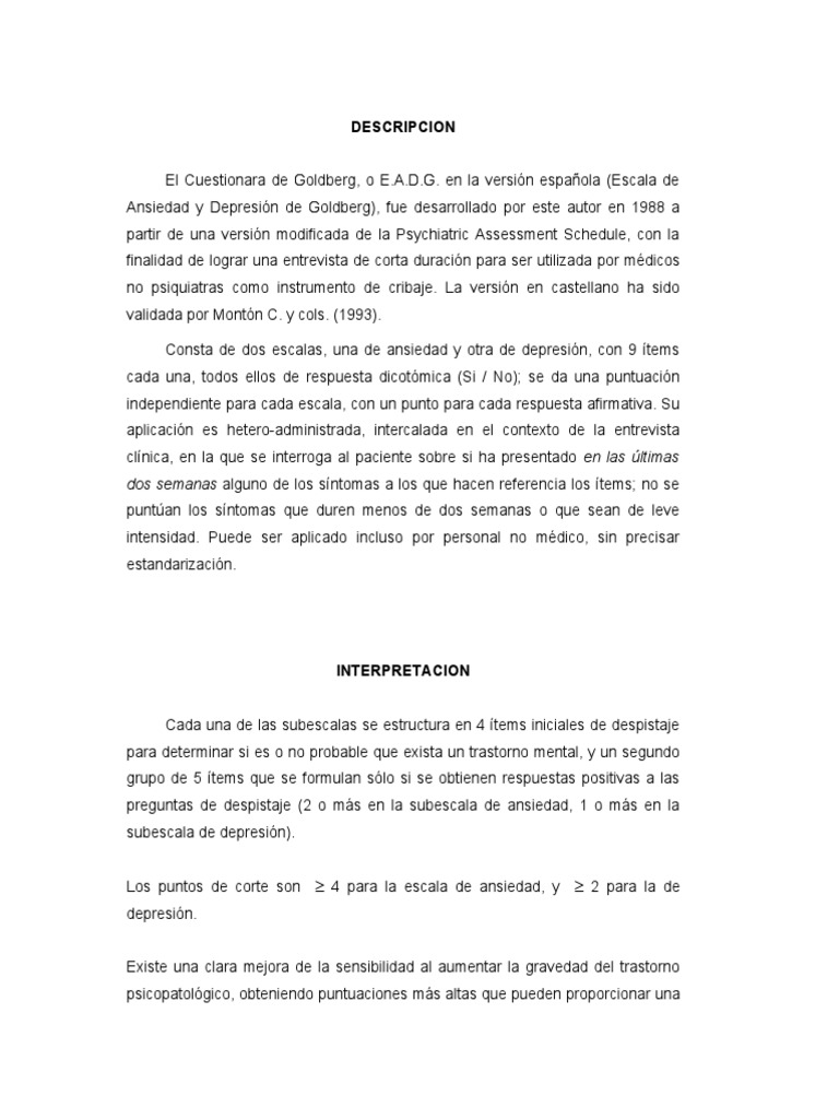 Goldberg - Test de Escala de Ansiedad y Depresión Instrucciones | PDF ...