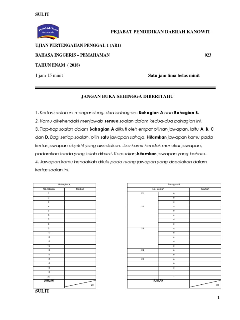 BI Paper 1 YEAR 5 SJKC AR1 2018 | PDF