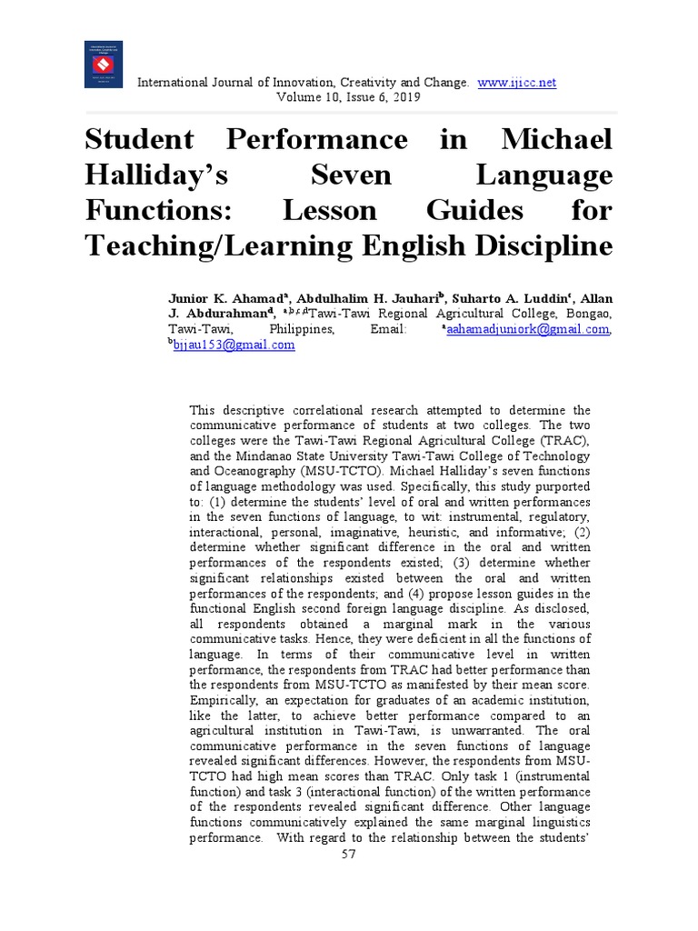 Student Performance in Michael Halliday's Seven Language Functions ...