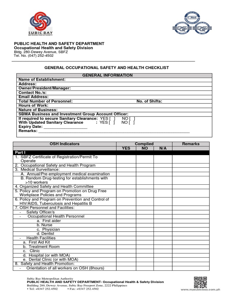 General OSH Checklist FINAL | PDF | Prevention | Occupational Safety ...