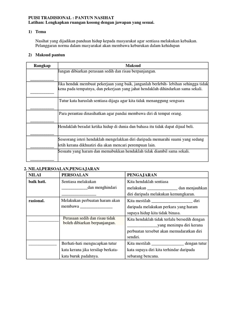 PANTUN NASIHAT-TINGKATAN 2 (Latihan) PDF | PDF | Pengembangan Diri