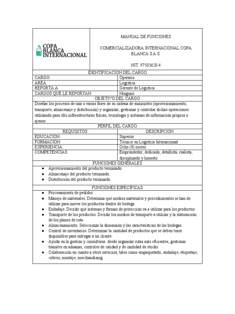 Manual de Funciones Operario | PDF | Obtención | Logística