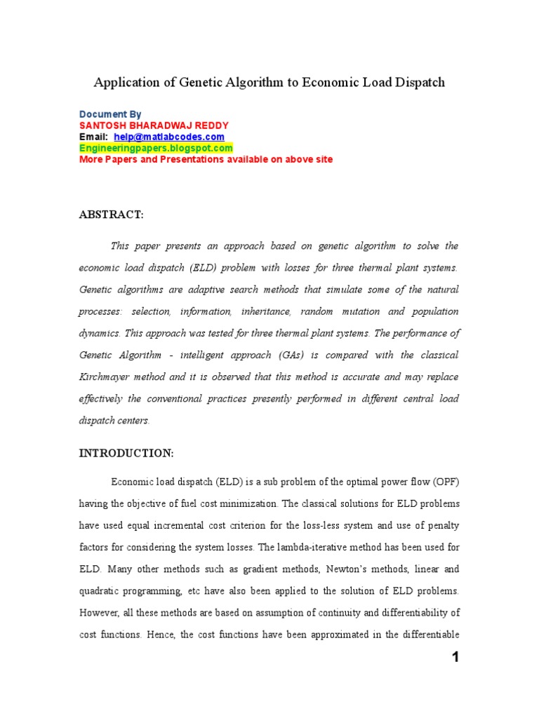 Application Of Genetic Algorithm To Economic Load Dispatch Pdf Genetic Algorithm