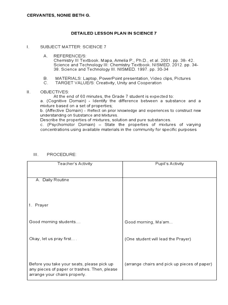 Detailed Lesson Plan Substance and Mixtures | Download Free PDF ...