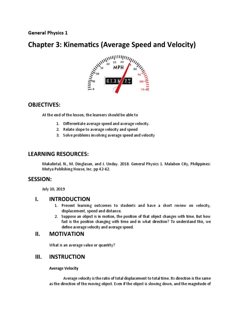 Chapter 3: Kinematics (Average Speed and Velocity) : Objectives | PDF ...