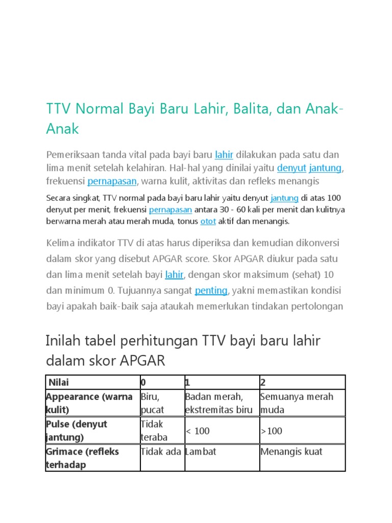 TTV Normal Bayi Baru Lahir dan Anak | PDF