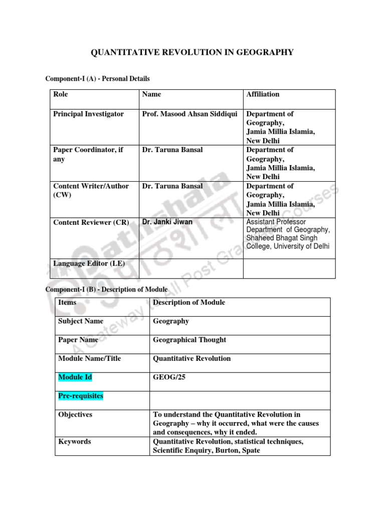 Quantitative Revolution in Geography: Component-I (A) - Personal Details | PDF | Geography ...