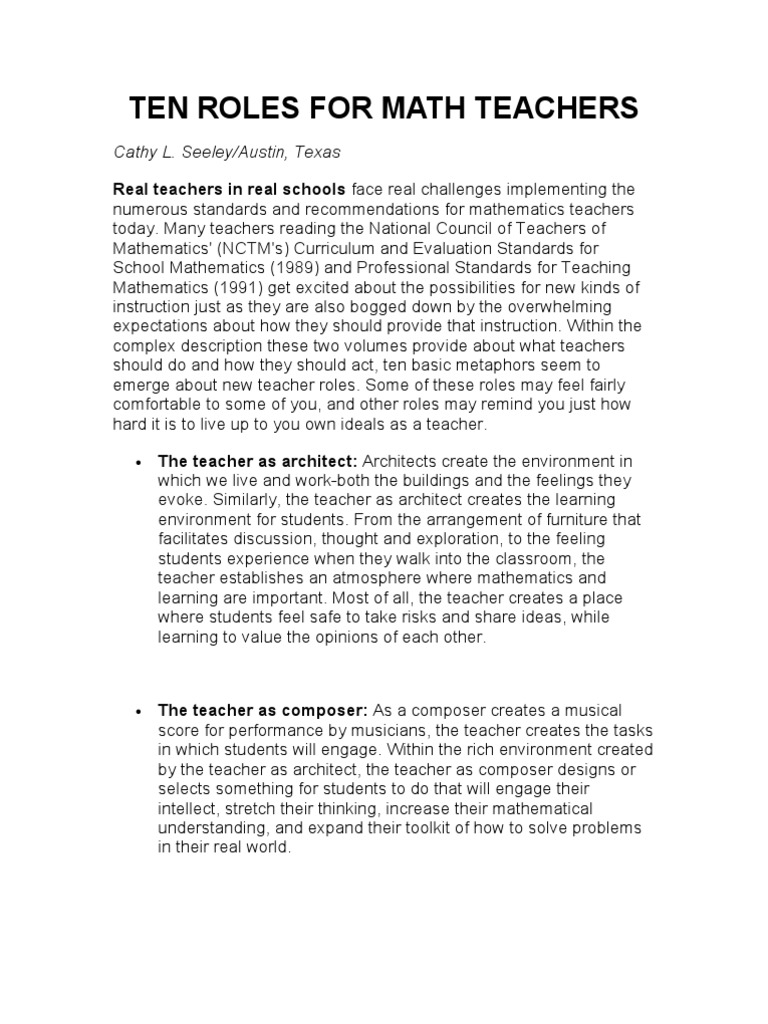 Ten Roles For Math Teachers | PDF | National Council Of Teachers Of ...