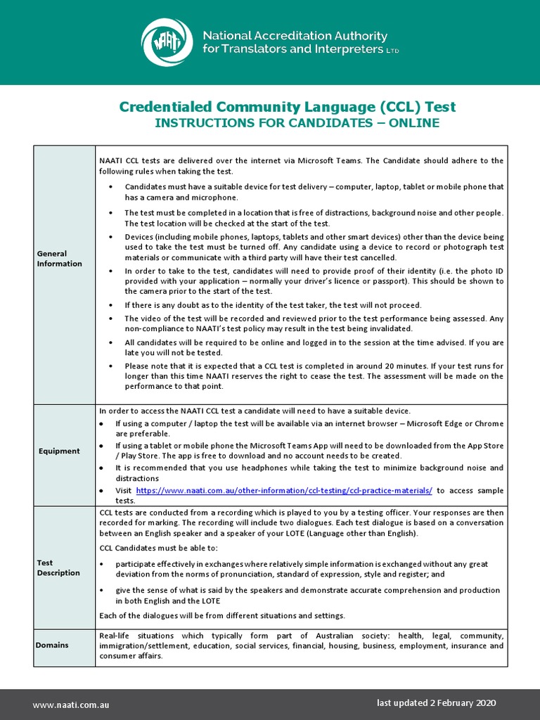 Credentialed Community Language Ccl Test Instructions For Candidates